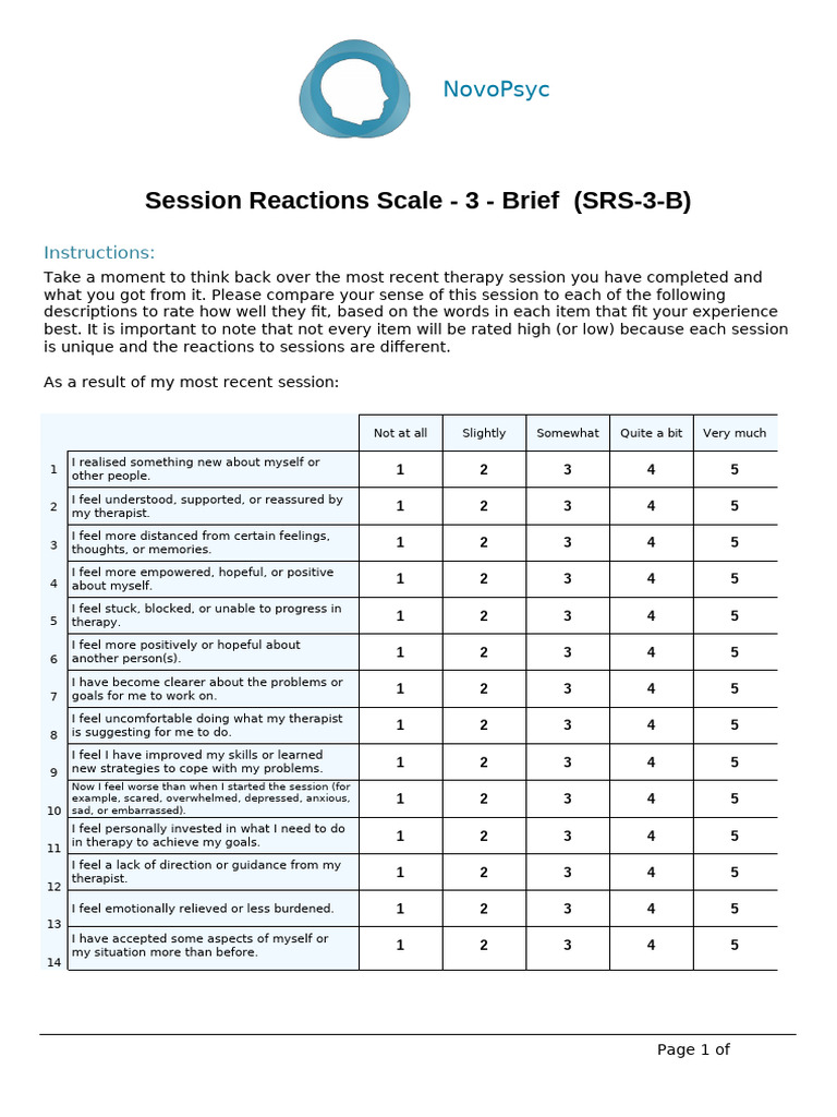 Session Reactions Scale Feedback Informed Treatment Blank PDF | PDF ...