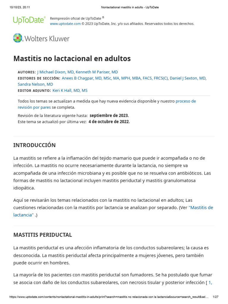 Nonlactational Mastitis in Adults - UpToDate | PDF | Pecho | Cáncer de mama