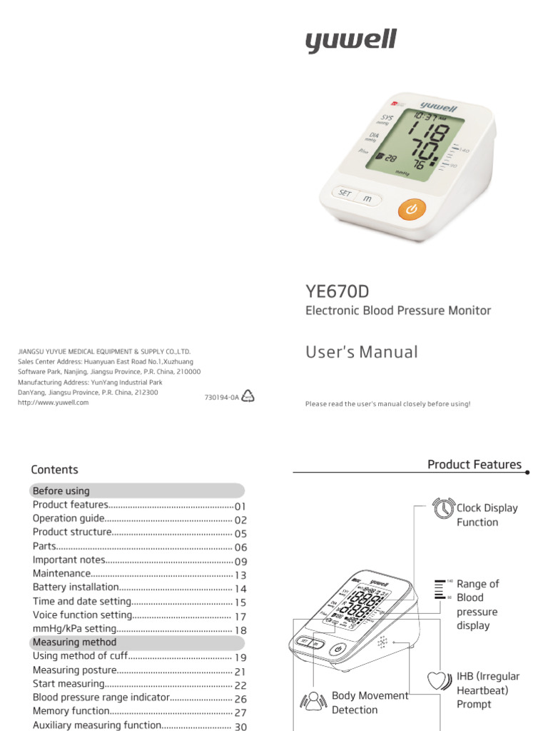 Yuwell YE670D Blood Pressure Monitor Manual | PDF | Hertz ...