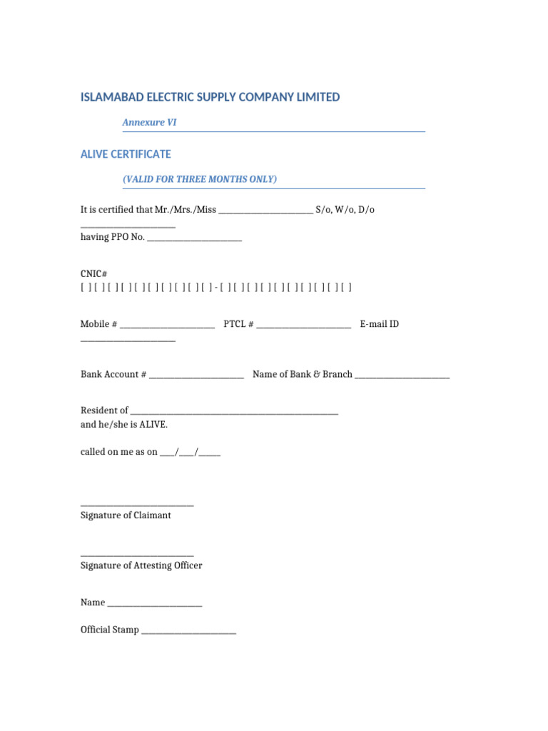 IESCO Alive Certificate for Pension Transfer | PDF