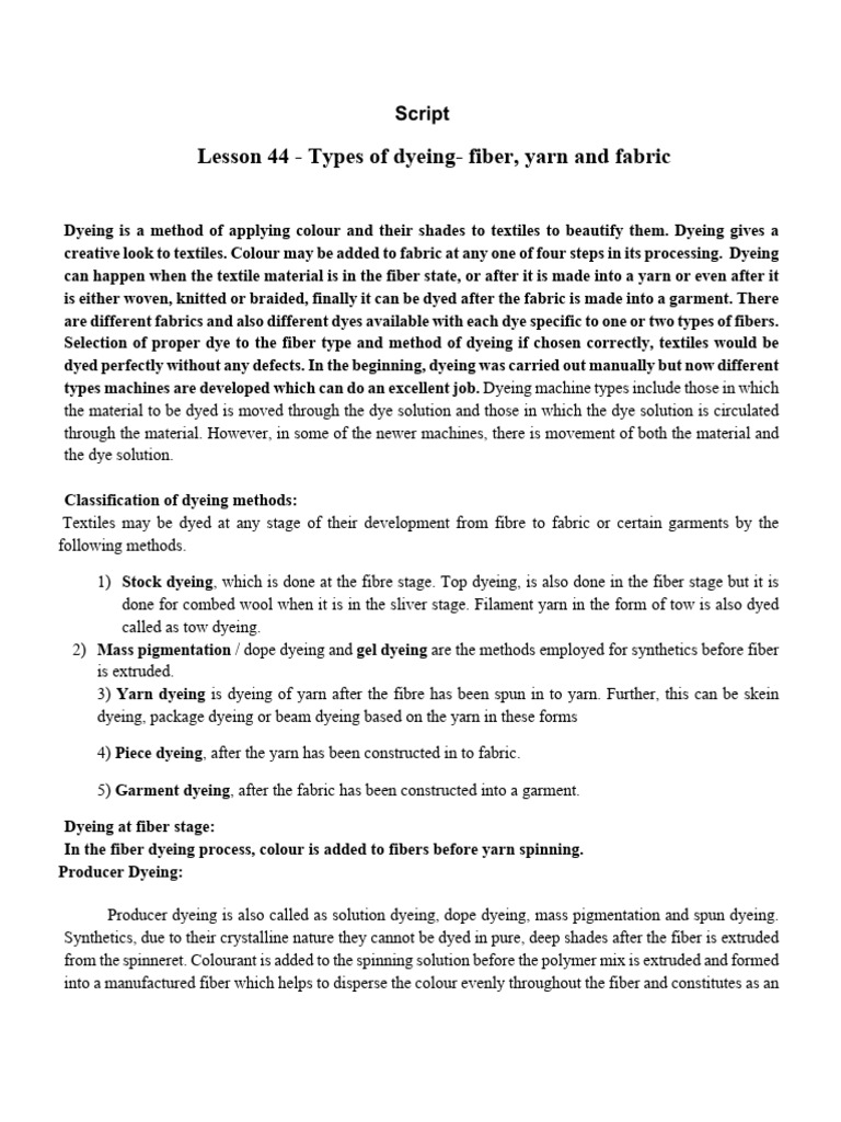 W11-L4-Script - Lesson 44 - Types of Dyeing - Fiber, Yarn and Fabric200302090903034545 | PDF ...