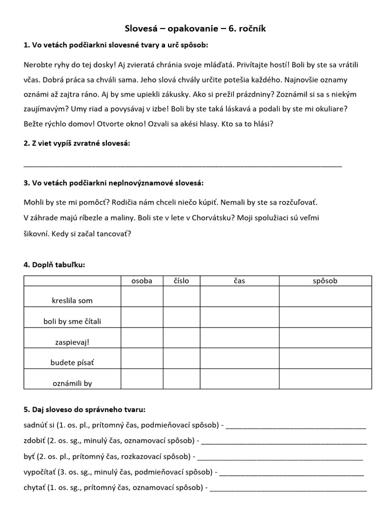 SJL Slovesa - 6. Rocnik | PDF
