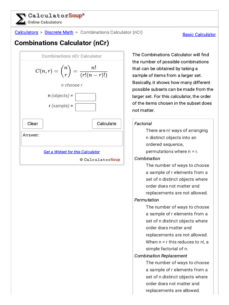 Combinations Calculator (NCR) | PDF | Mathematics | Combinatorics