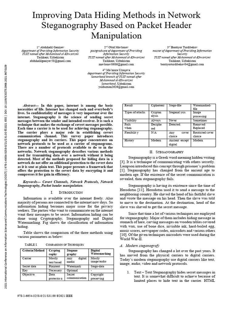 Improving Data Hiding Methods in Network Steganography Based on Packet Header Manipulation | PDF ...
