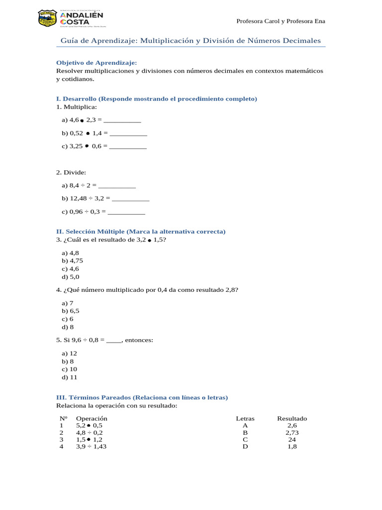 Multiplicación y División de Decimales | PDF
