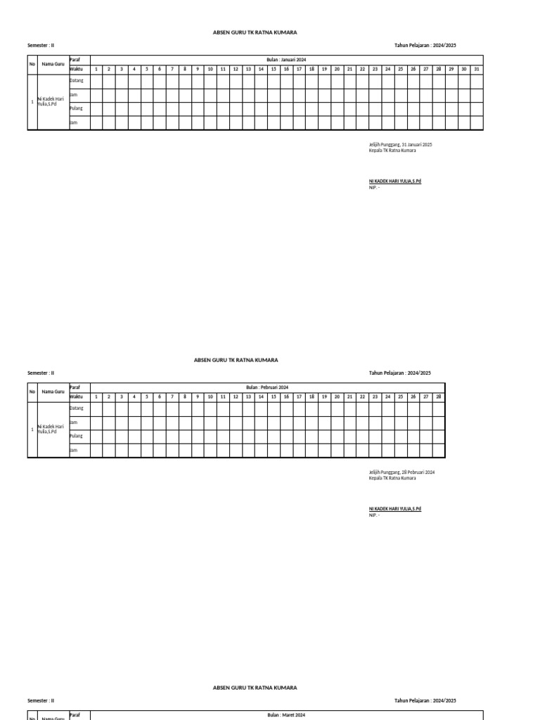 Absen Harian 2024 2025 TK Ratna Kumara | PDF