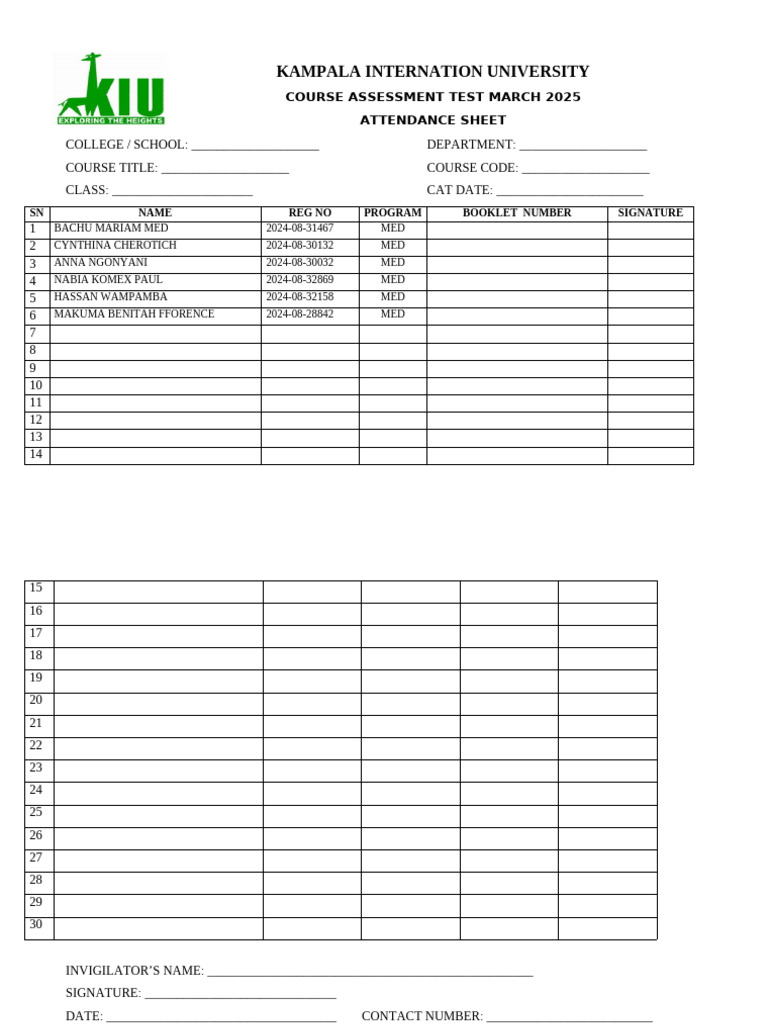 KIU Course Assessment Attendance Sheet | PDF