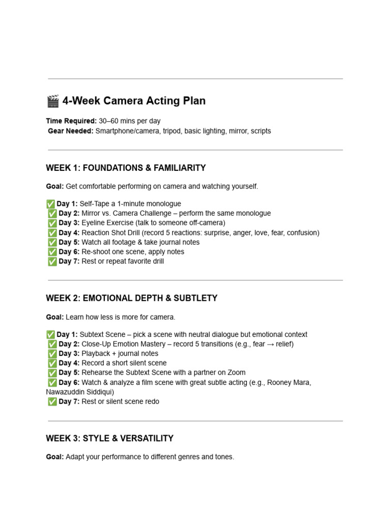 ? 4-Week Camera Acting Plan | PDF