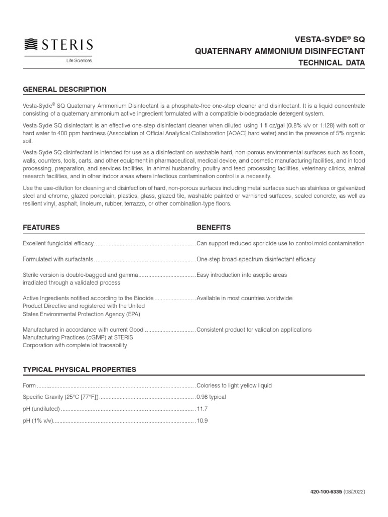 STERIS - Vesta Syde SQ Quaternary Ammonium Disinfectant - TDS - 420 100 6335 | PDF ...