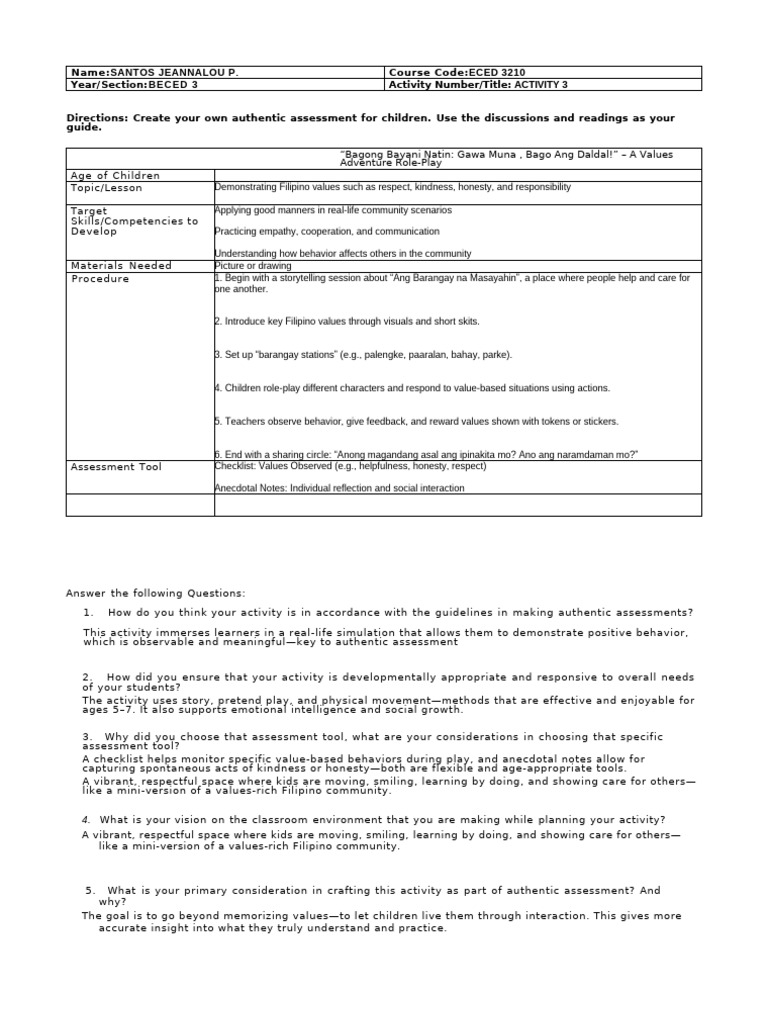 Activity 3 - Authentic Assessment Planning | PDF | Learning | Behavior ...