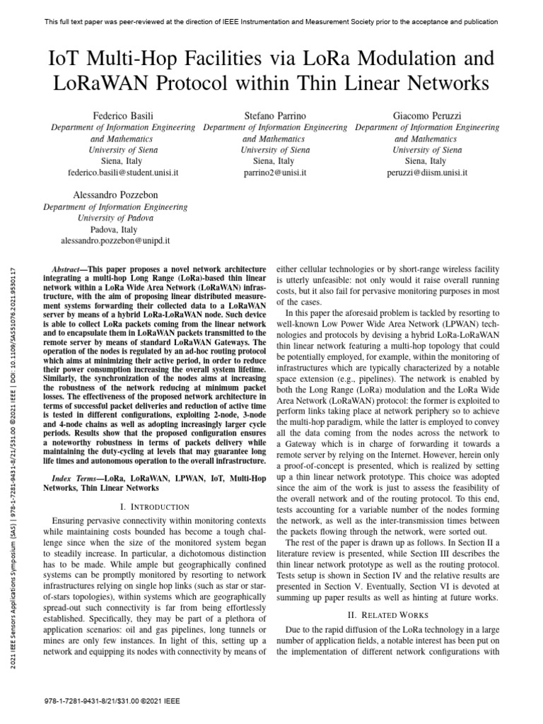 IoT Multi-Hop Facilities Via LoRa Modulation and LoRa WanProtocol Within Thin Linear Networks ...