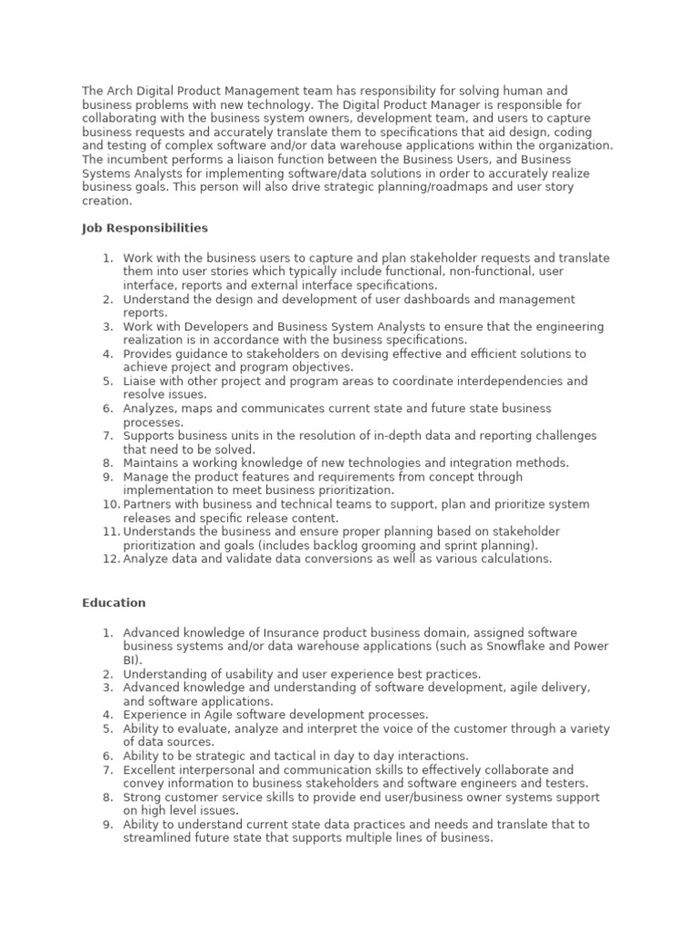 Arch Insurance - Digital Product Manager | PDF | Computing | Information Technology