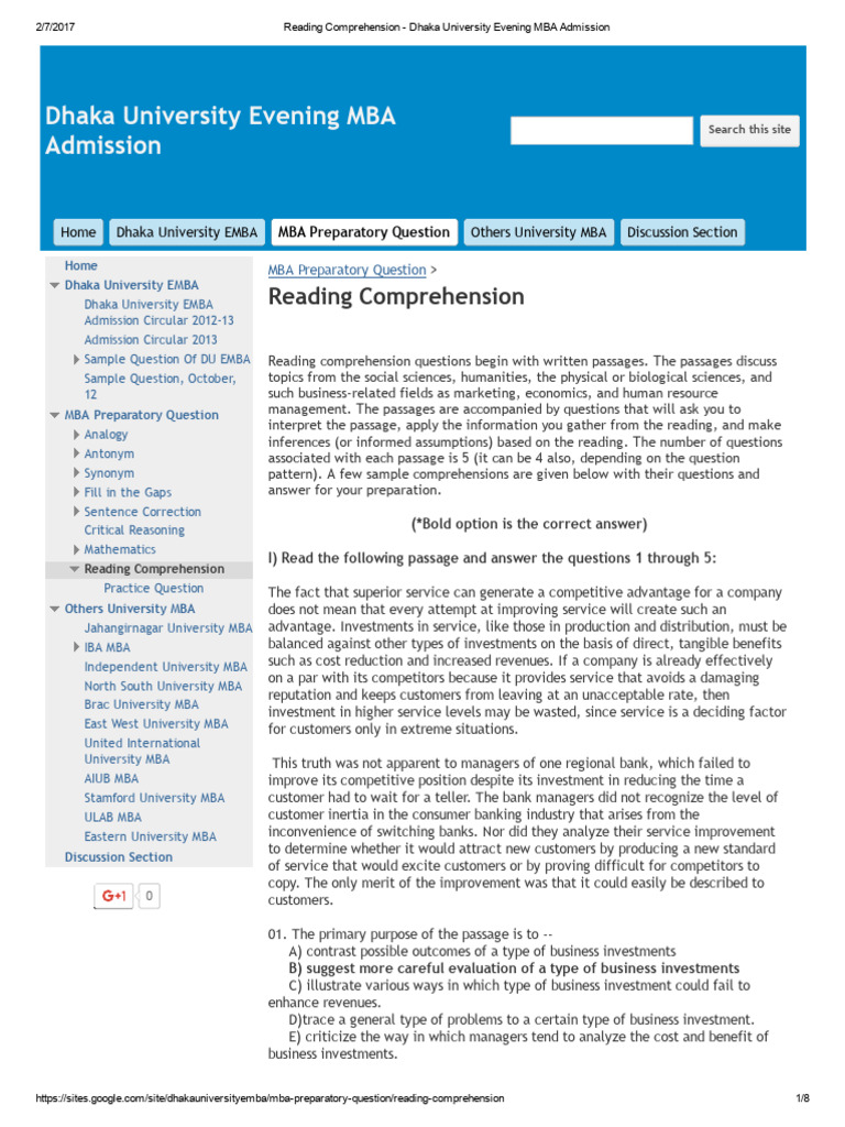 Reading Comprehension - Dhaka University Evening MBA Admission | PDF ...