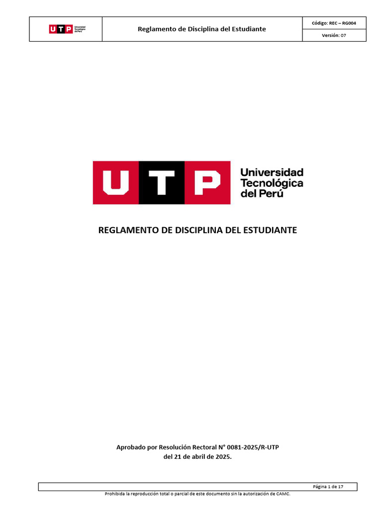 REC - RG004 Reglamento de Disciplina Del Estudiante V07 PT | PDF | Disciplinas | Apelación