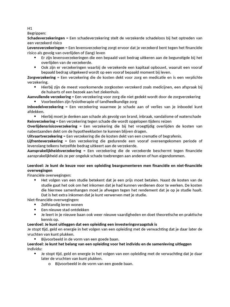 V4a Samenvatting Bedrijfseconomie Financiële Levensloop H1 - H4 | PDF