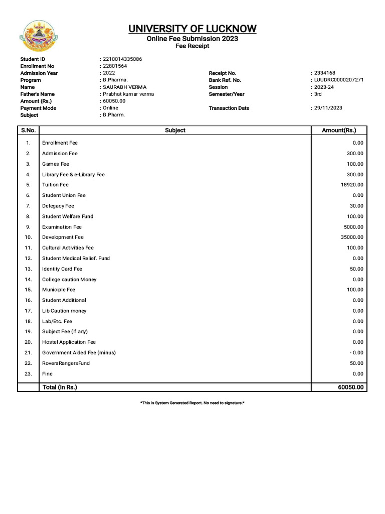 Lucknow University Online Fee Receipt 2023 | PDF | Payments | Services ...