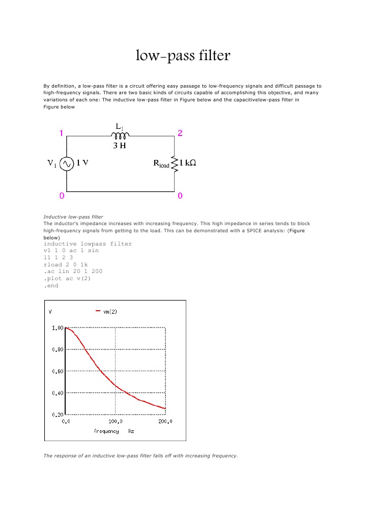 Low-Pass Filter: Inductive Lowpass Filter v1 1 0 Ac 1 Sin l1 1 2 3 ...