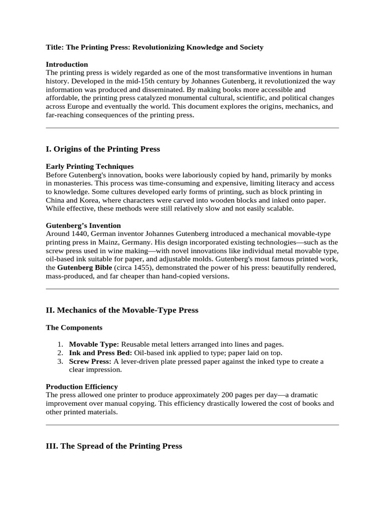 The Printing Press Revolutionizing Knowledge and Society | PDF ...