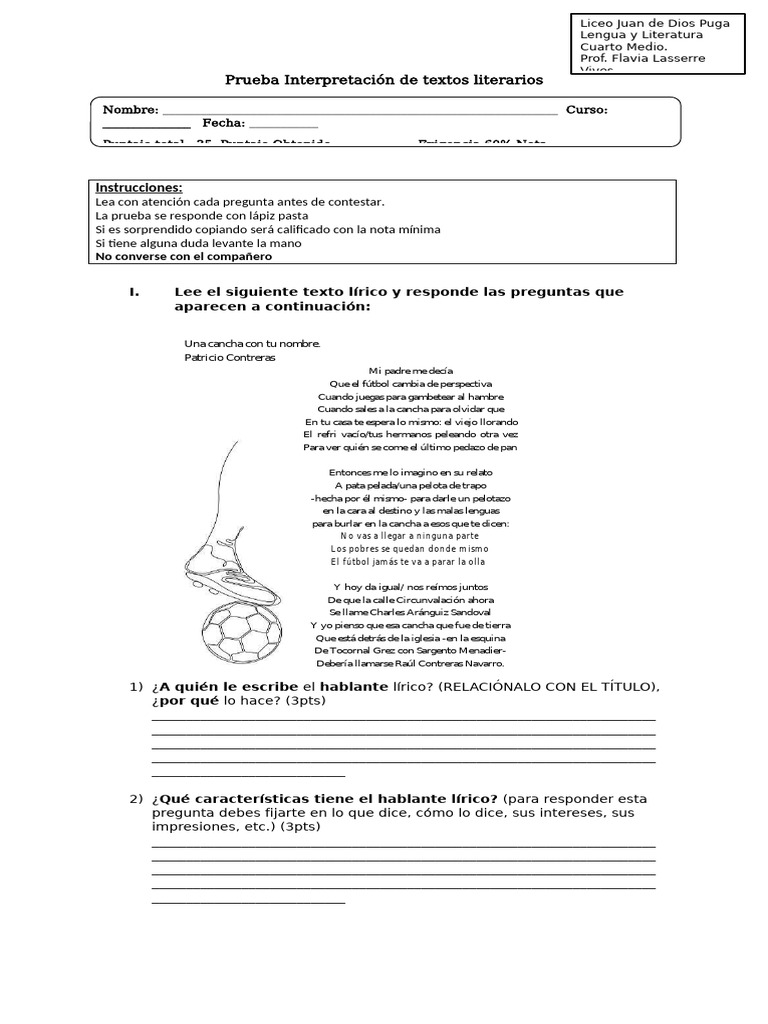 Prueba Interpretación de Textos Literarios | PDF