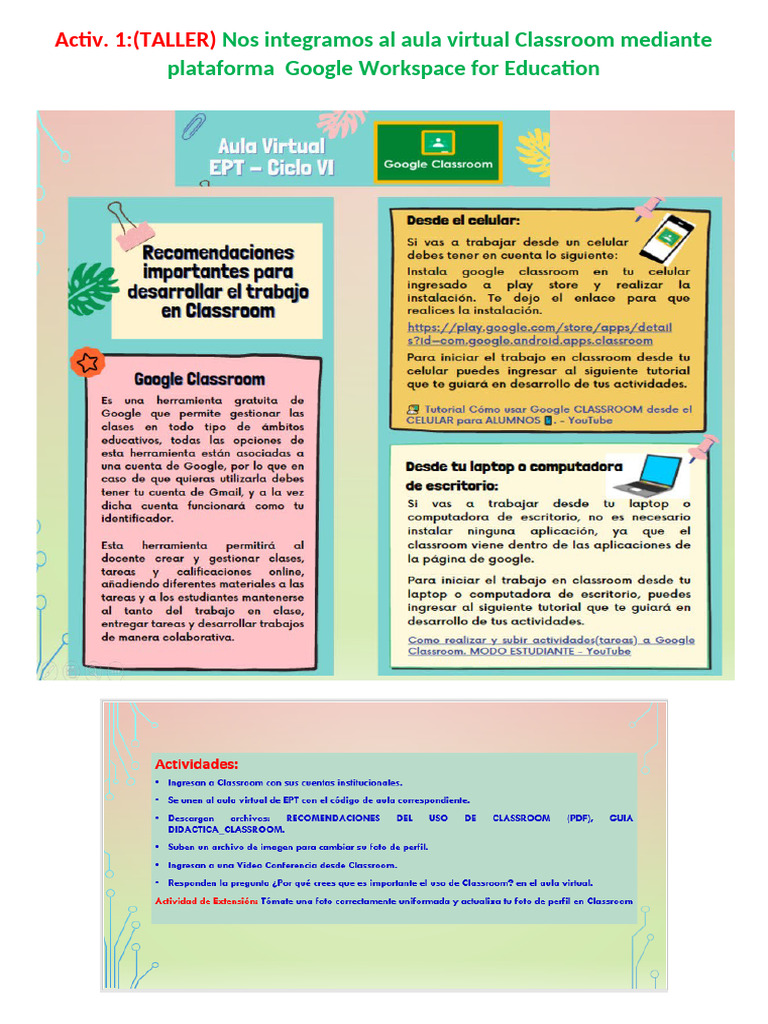 IMPRIMIR Act. 1 (Taller) Nos Integramos Al Aula Virtual Classroom Mediante Plataforma Google ...