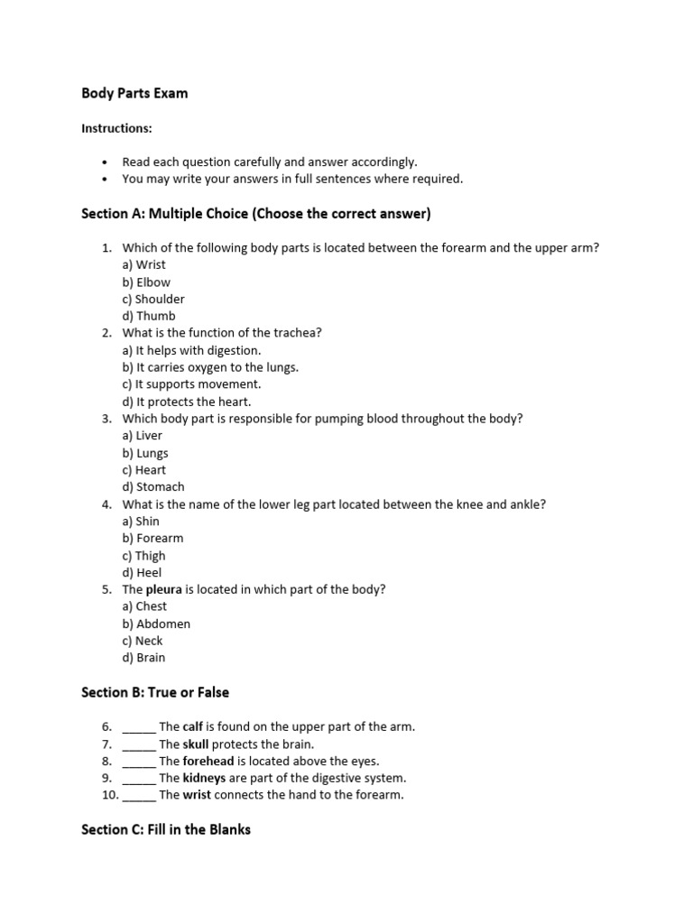 Exam Body Parts Unit I | PDF