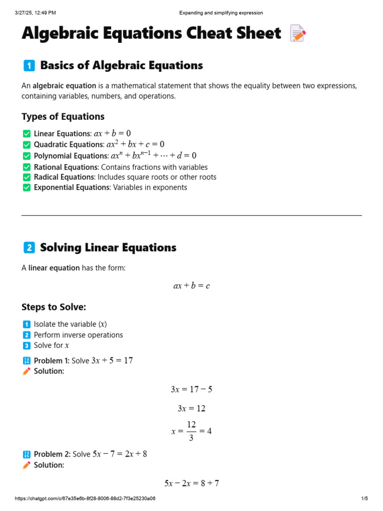 Algebraic Formulas - Cheat Sheet | PDF | Equations | Quadratic Equation
