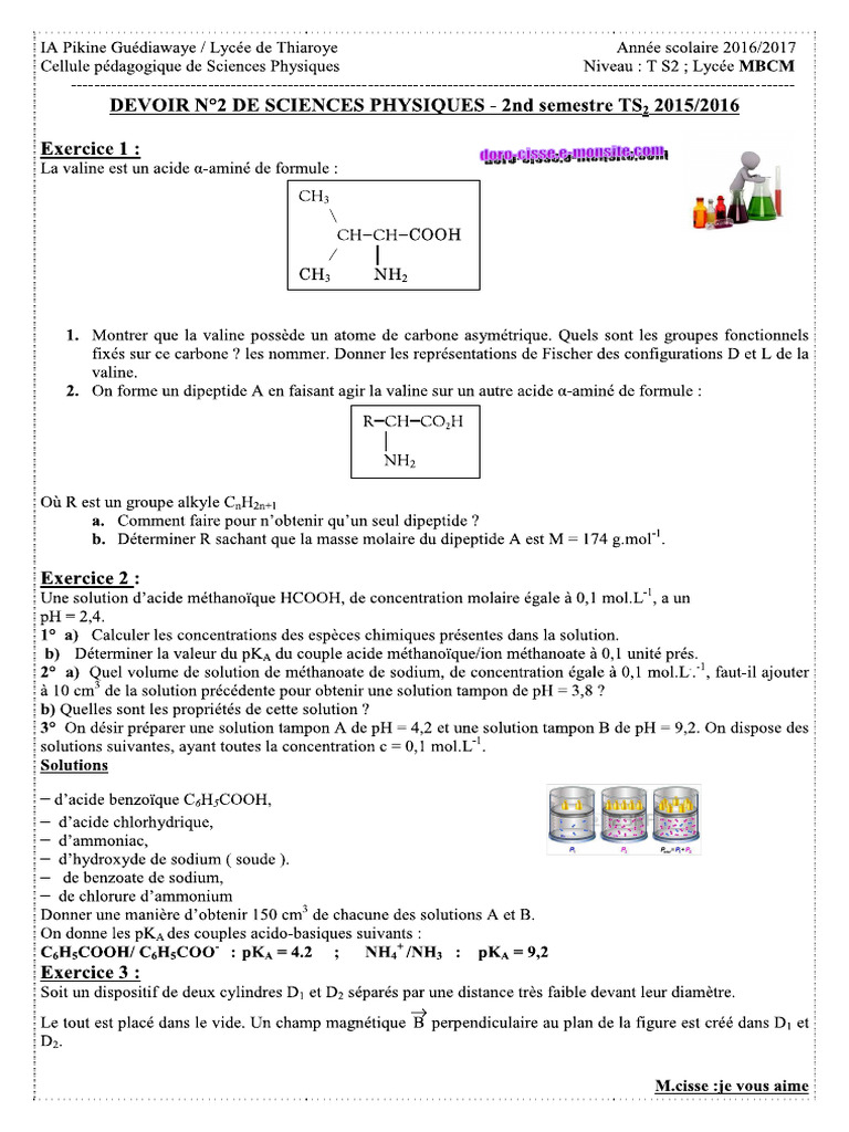 Devoir N 2 de Sciences Physiques 2nd Semestre Ts2 2015 2016 | PDF