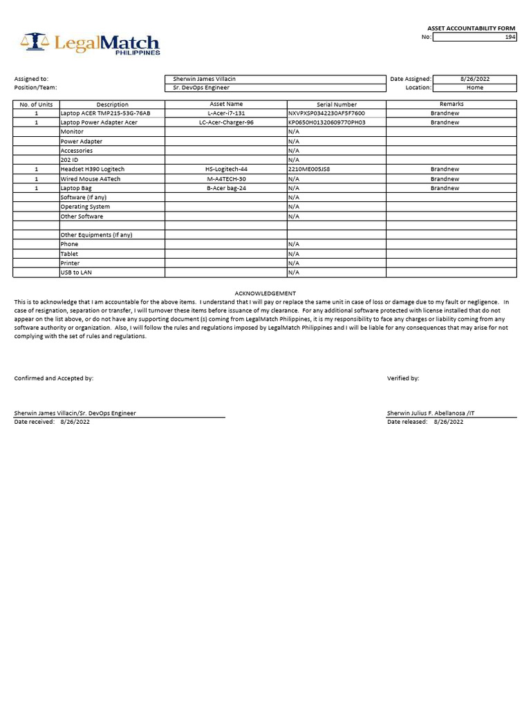 Asset Accountability Form - SherwinJamesVillacin ...
