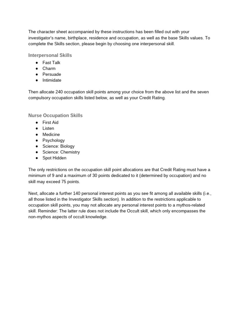 Myrtle Character Sheet Instructions Skills | PDF