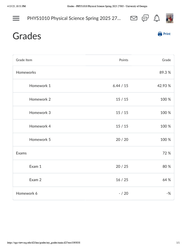 Grades - PHYS1010 Physical Science Spring 2025 27085 - University of ...