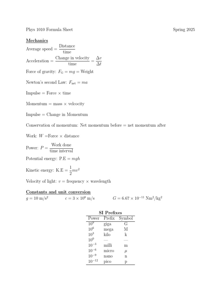 Phys 1010 Mechanics Formula Sheet | PDF