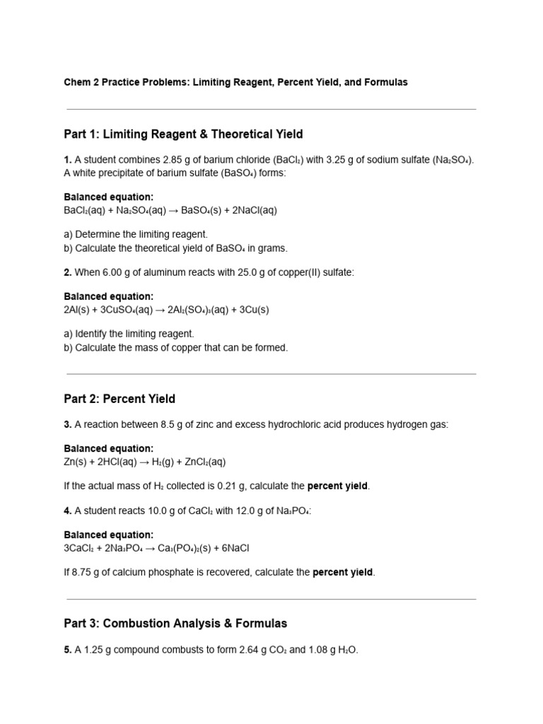 Chem 2 Practice Problems - Limiting Reagent, Percent Yield, and ...