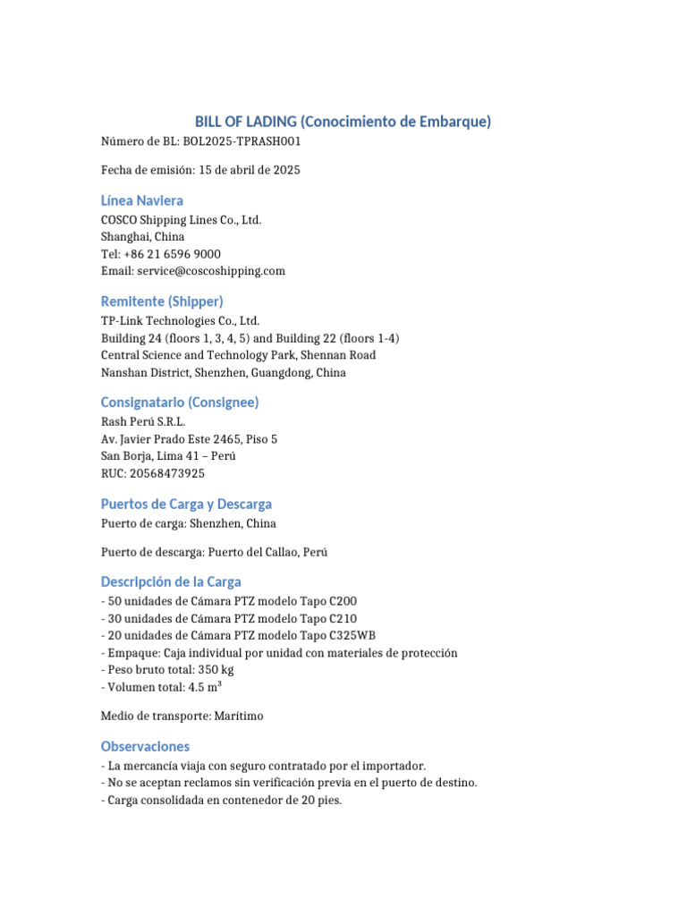 Bill of Lading TP-Link Rash Peru | PDF