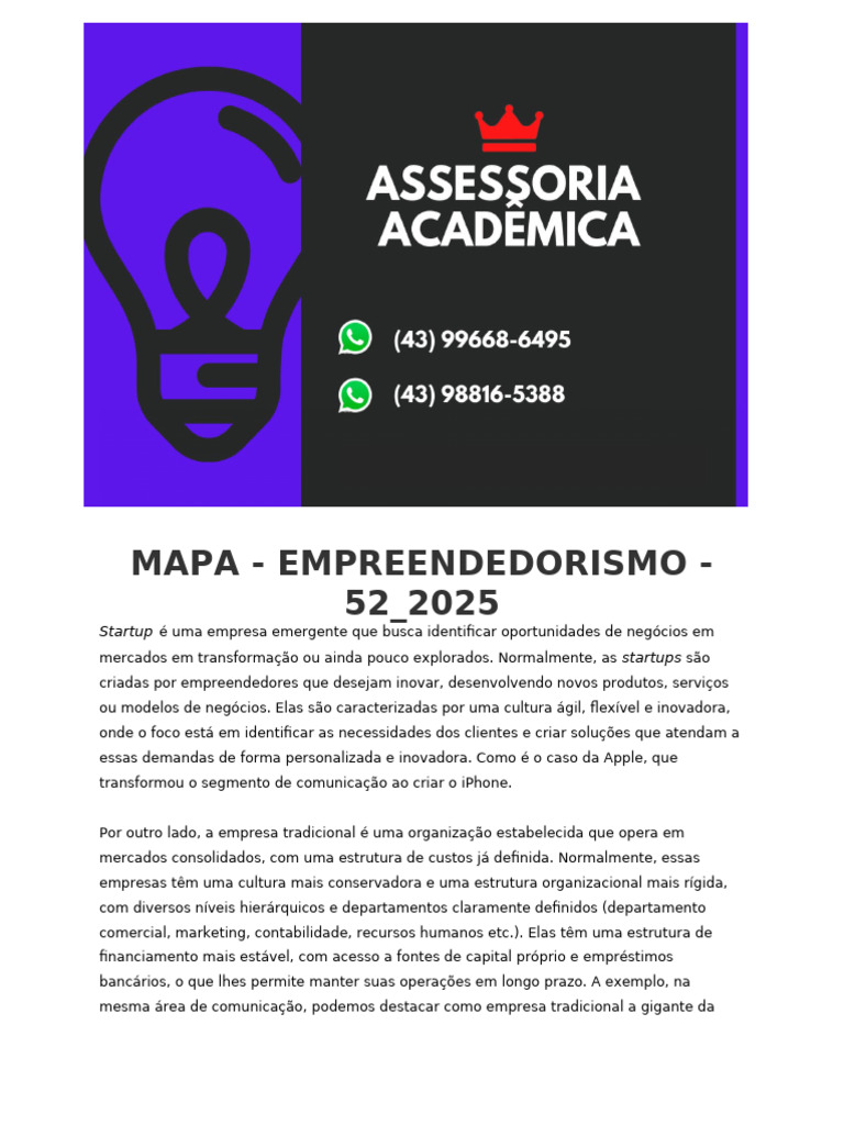 Mapa - Empreendedorismo - 52_2025 | PDF | Empresa Startup | Microempresas e Empreendedores