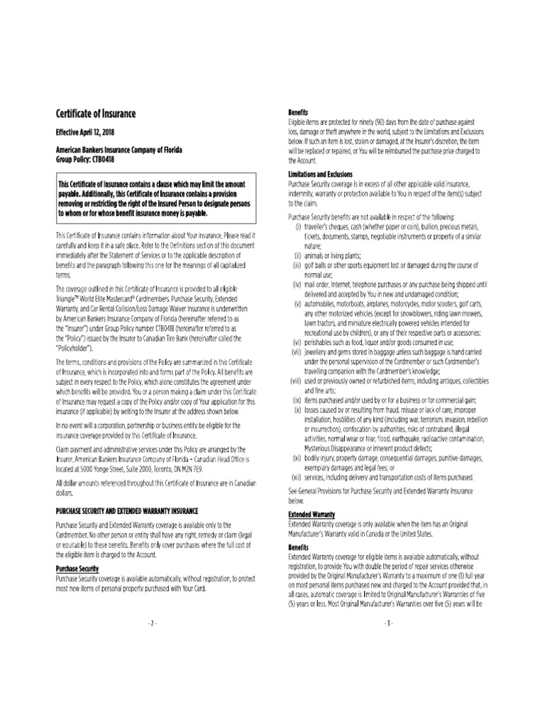 Triangle World Elite Inclusive Benefits COI en | PDF | Insurance