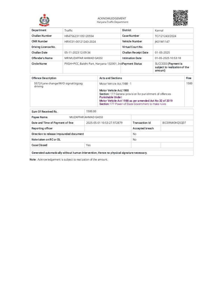 Jk01w1147 challan (1) (1) | PDF | Land Transport | Road Transport