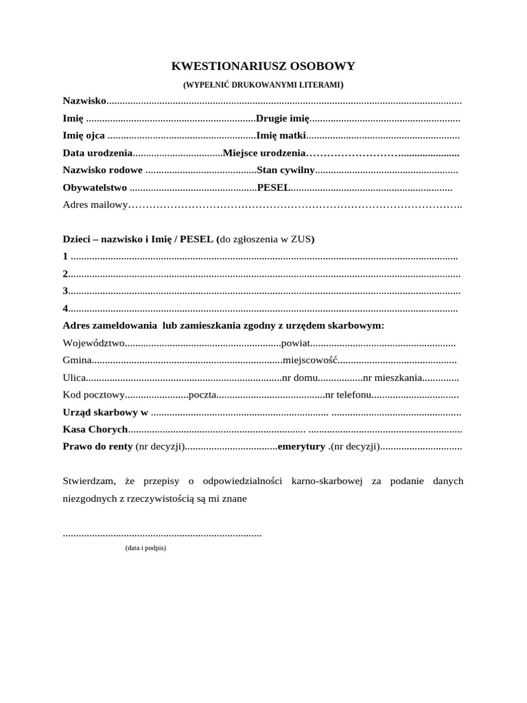 Kwestionariusz Osobowy (Wzór) 2 | PDF