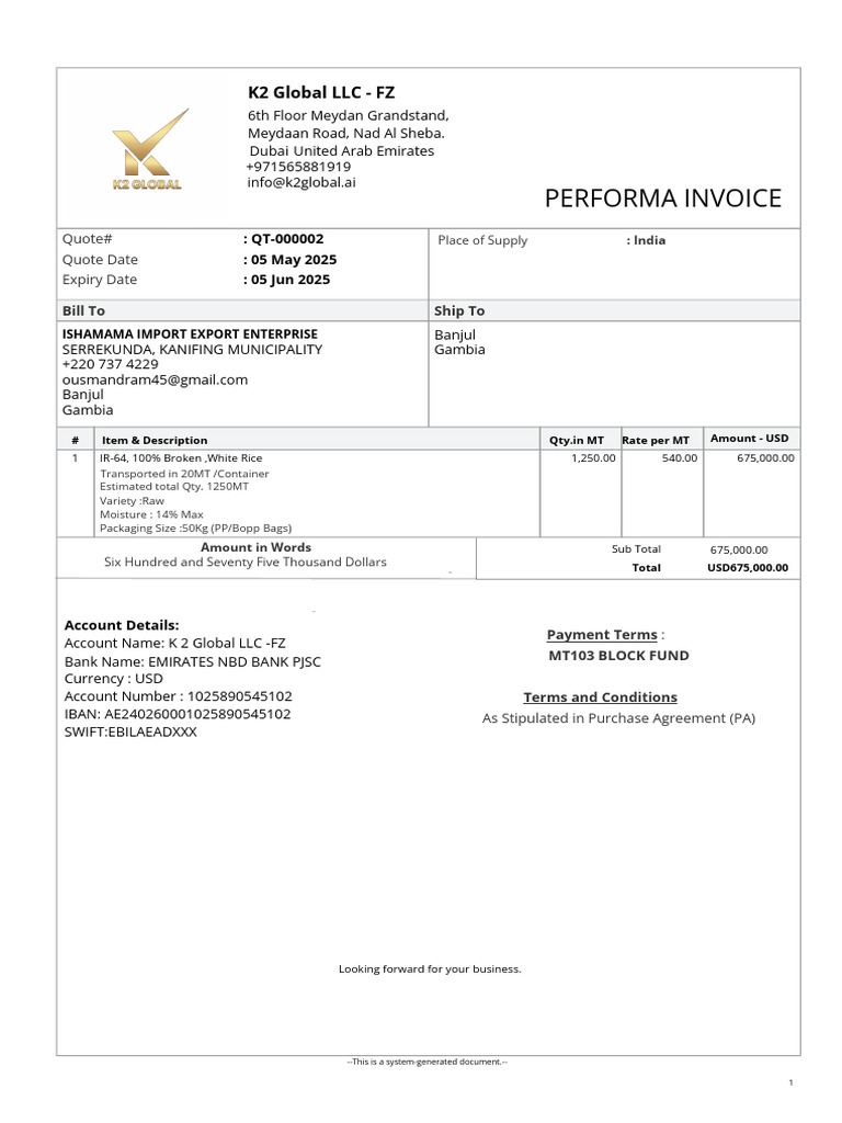 Banjul, Gambia - Proforma Invoice Ishamama Import Export Enterprise-2-1 | PDF | Trade | Banking