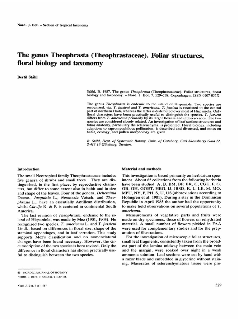The Genus Theophrasta (Theophrastaceae) - Foliar Structures, Floral Biology and Taxonomy | PDF ...