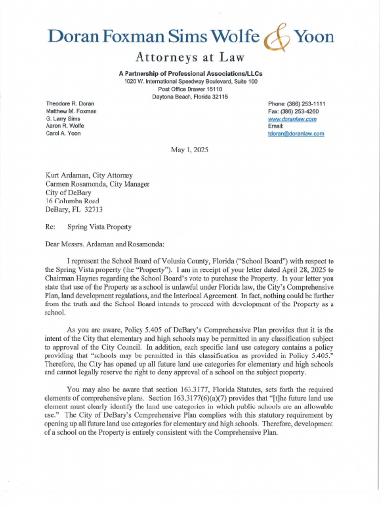 Volusia County School District Letter To City of DeBary | PDF