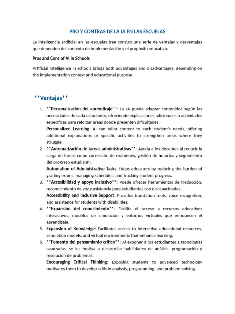 Pro y Contras de La Ia en Las Escuelas | PDF | Inteligencia artificial ...