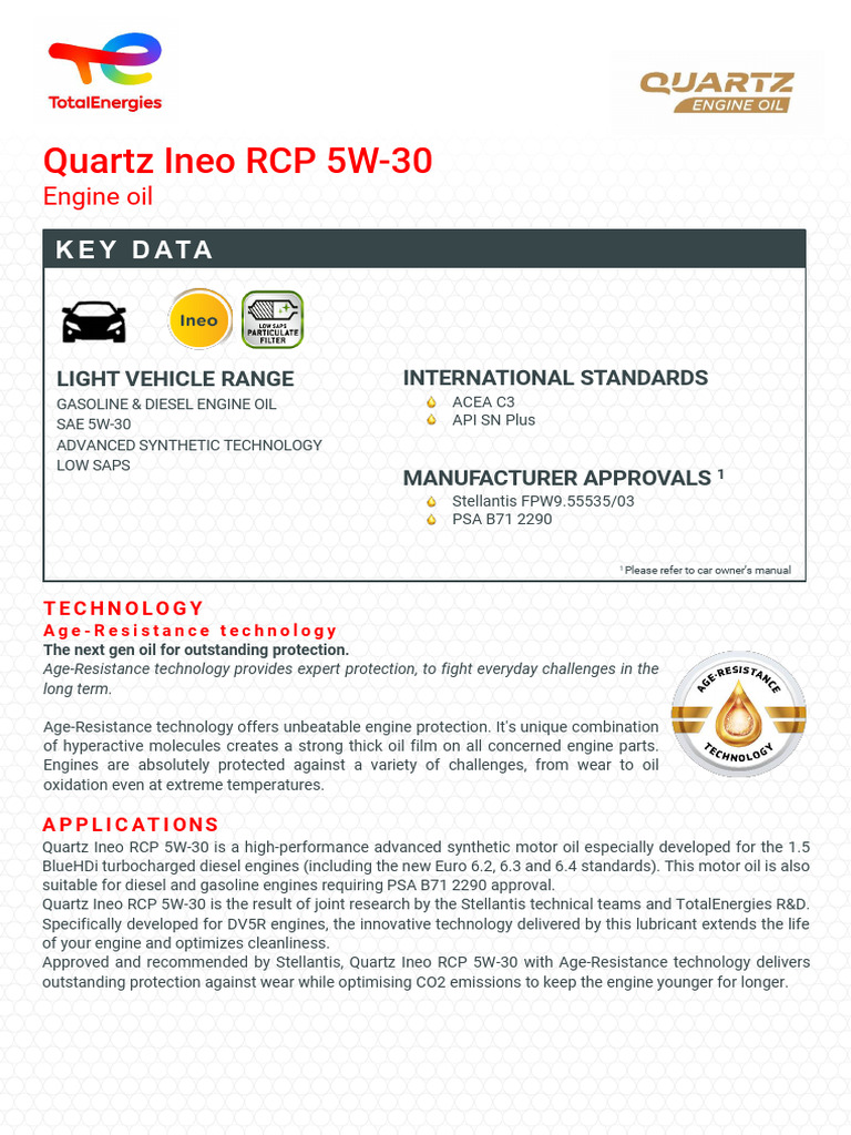 тех паспорт Total Ineo RCP 5W30 | PDF | Motor Oil | Liquids