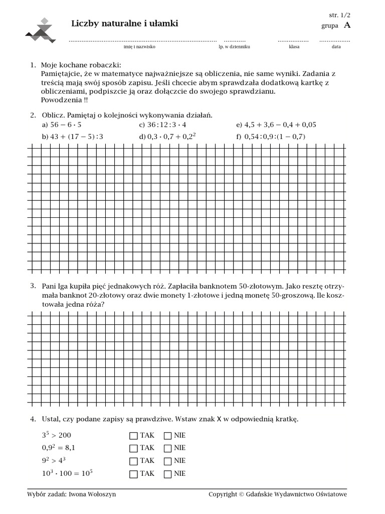 Liczby Naturalne I Ułamki - Sprawdzian | PDF