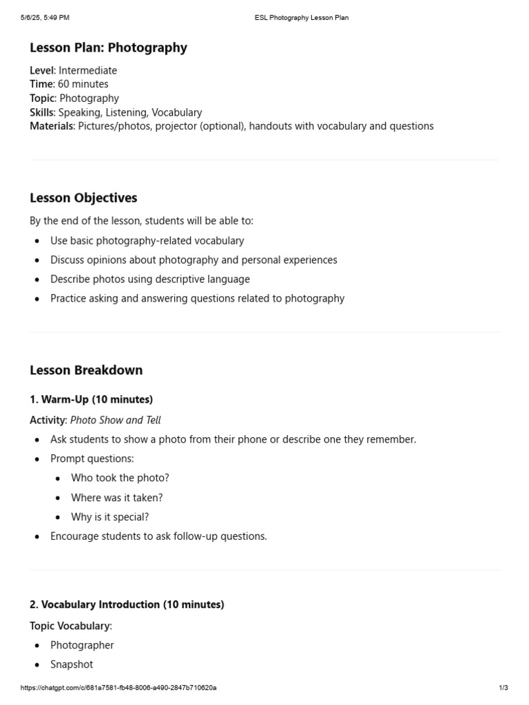 ESL Photography Lesson Plan | PDF | Photograph | Lesson Plan