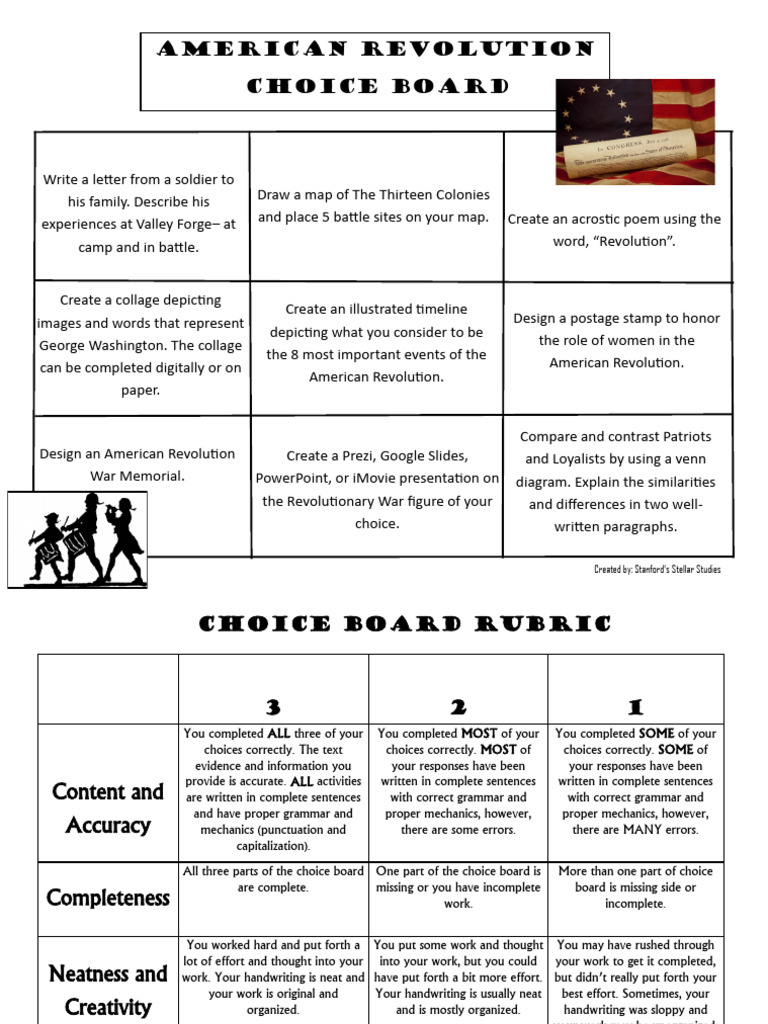 American Revolution Choice Board: Created By: Stanford's Stellar ...