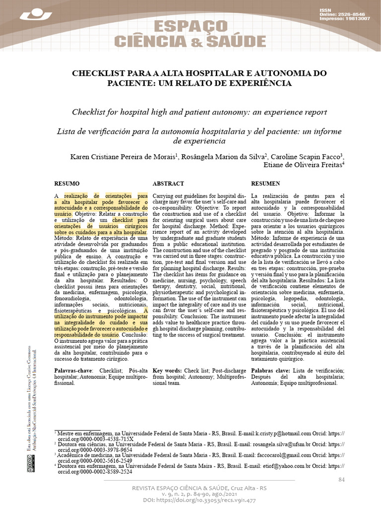 Checklist para A Alta Hospitalar | PDF | Enfermagem | Science