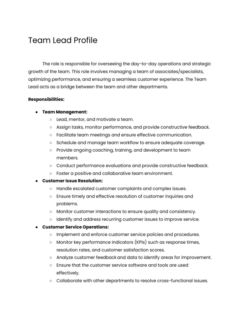 Team Lead JD - Parachute | PDF