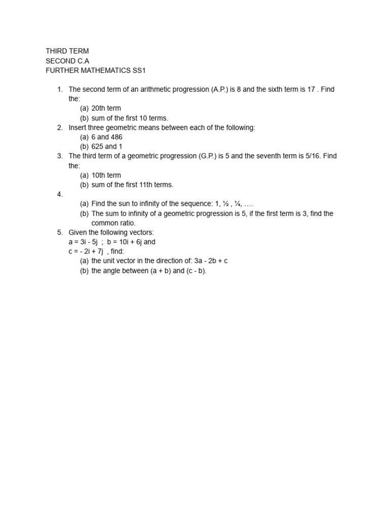 Ss1 Fur Mathematics Second c.A | PDF