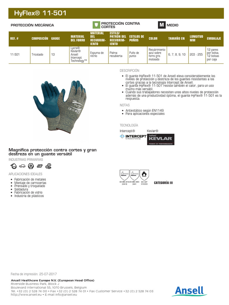 Ficha Proveedor Guante Ansell Hyflex CR 11 501 44103 | PDF