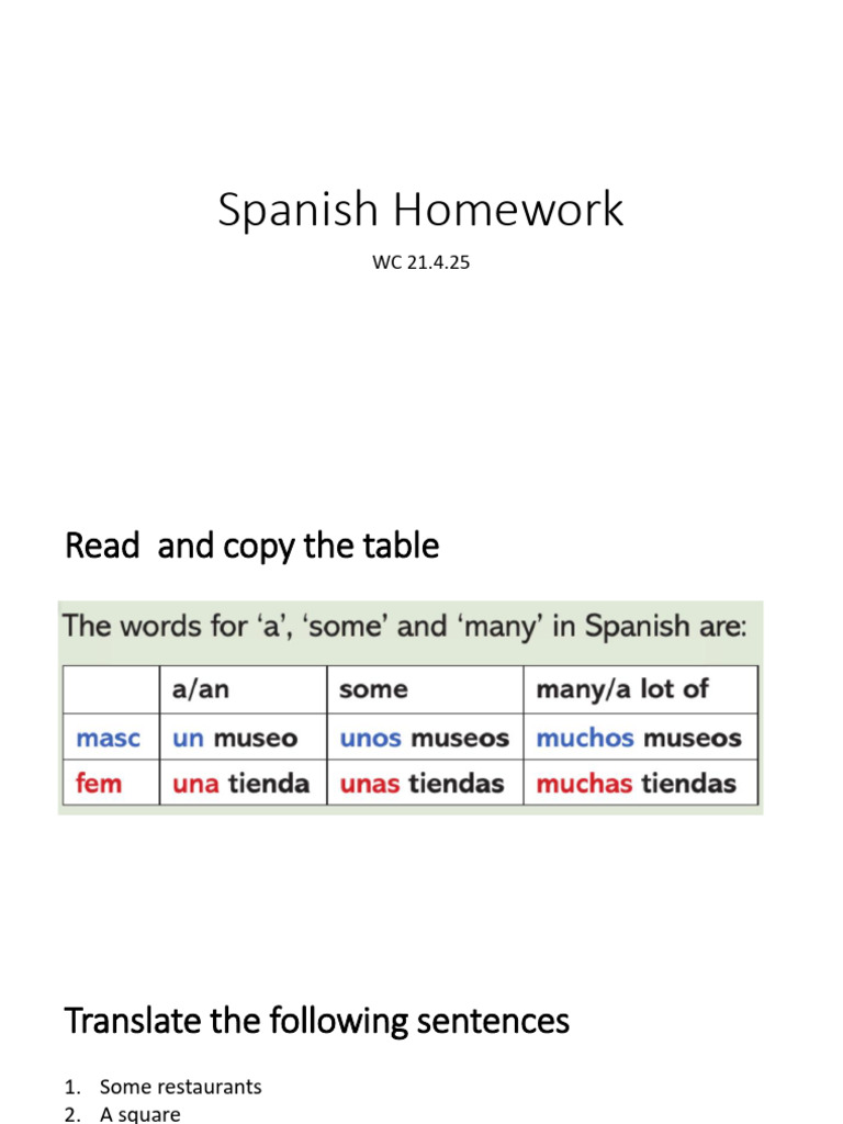 Spanish Homework WC 21.4.25 | PDF